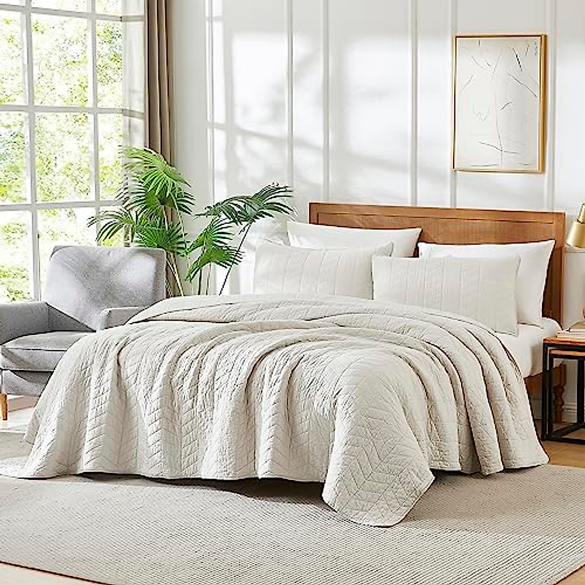 Beige 100% Cotton Quilt California Cal King Size Bedding Sets with Pillow Shams, White Oversized Lightweight Soft Bedspread Coverlet, Tan Cream Bed Cover for All Season, 3 Pieces, 118x106 inches