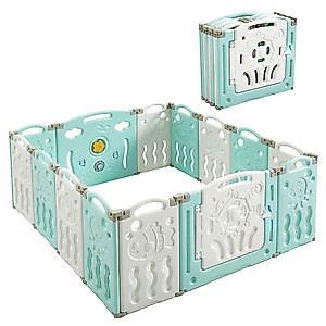 Play Yard Baby Playpen 14 Panels Foldable - Kids Safety Play Center Yard Game Panel and Gate with Safety Lock Adjustable Shape for Children Toddlers Indoors and Outdoors 25 Sq Ft(Blue+White)