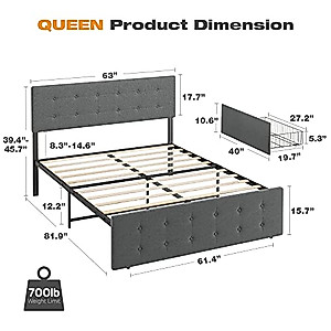Amyove Queen Bed Frame with 4 Storage Drawers,Fits 8'' 10'' 12" Mattress (Queen (U.S. Standard)), Grey (Bed 0927)