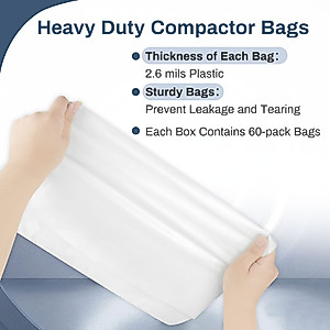 Upgraded 15-inch Heavy Duty Trash Compactor Bags, Compatible with Kenmore Compactor, Fits Kenmore and Other 15-inch Rectangular Drawer Compactors, pack of 60 Bags, White Plastic Trash Compactor Bags