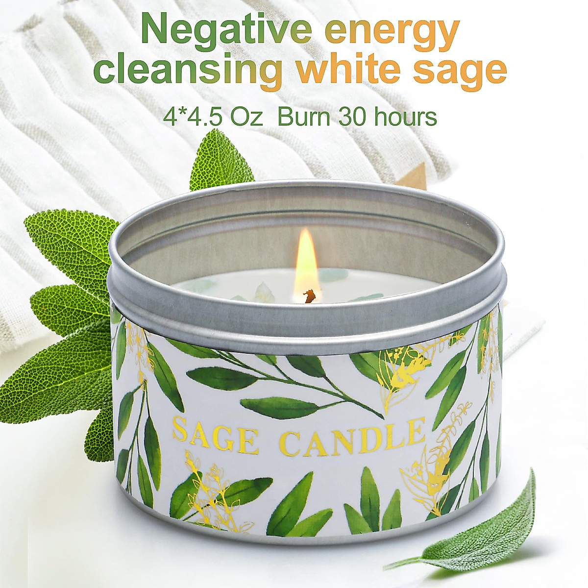 Sage Candles for House Energy Cleansing,4 Pack House Warming Gifts New Home Pure White Sage Candle Set for Chakra Healing-18oz 120 Hour Long Lasting Natural Soy Wax Aromatherapy Candle