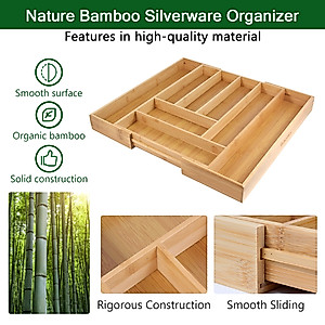 isheTao Bamboo Expandable Kitchen Drawer Organizer, Kitchen Drawer Organizer for Large Utensils, Silverware Organizer, Adjustable Cutlery Tray with Grooved Drawer Dividers for Silverware, Flatware
