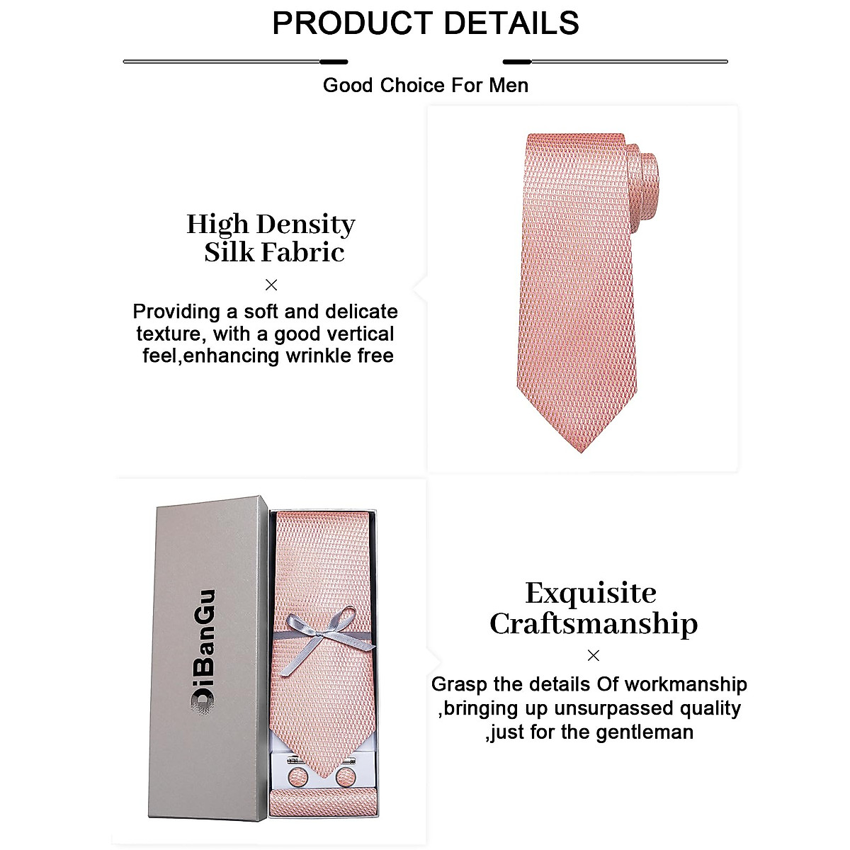 DiBanGu Plaid Ties for Men Silk Checkered Necktie and Pocket Square Cufflinks Tie Clip Set with Gift Box for Wedding Business, Rose Gold
