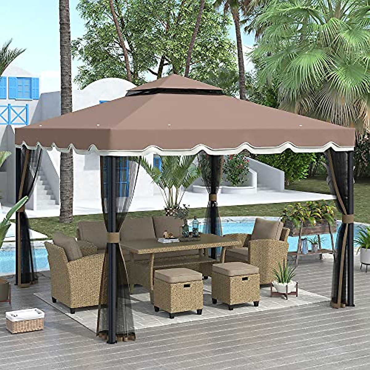 Goohome Outdoor Gazebo, Double Vented Dome Top Patio Gazebo with Mosquito Netting for Backyard, Sturdy Metal Frame Waterproof Canopies, Gazebos & Pergolas, for Poolside and Deck, 9.8Ft.Wx9.8Ft.L