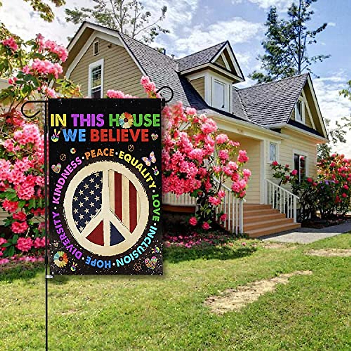 Swooflia In This House We Believe Garden Flag Small Yard Flag for Outside Decor Kindness Peace Equality Burlap Garden Banner 12x18 Inch Double Sided HYQ-223