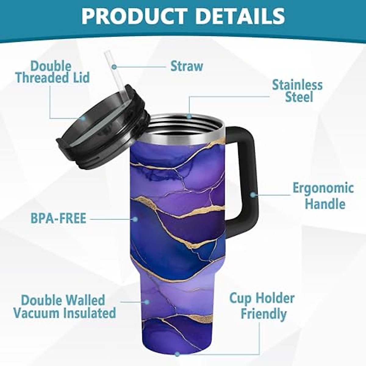 SEHANY Purple Marble 30 Oz Tumbler with Lid and Straw, Double Vacuum Stainless Steel Insulated Sports Water Bottle Cup Holder Friendly Leak-Proof Travel Coffee Cup for Iced Drink