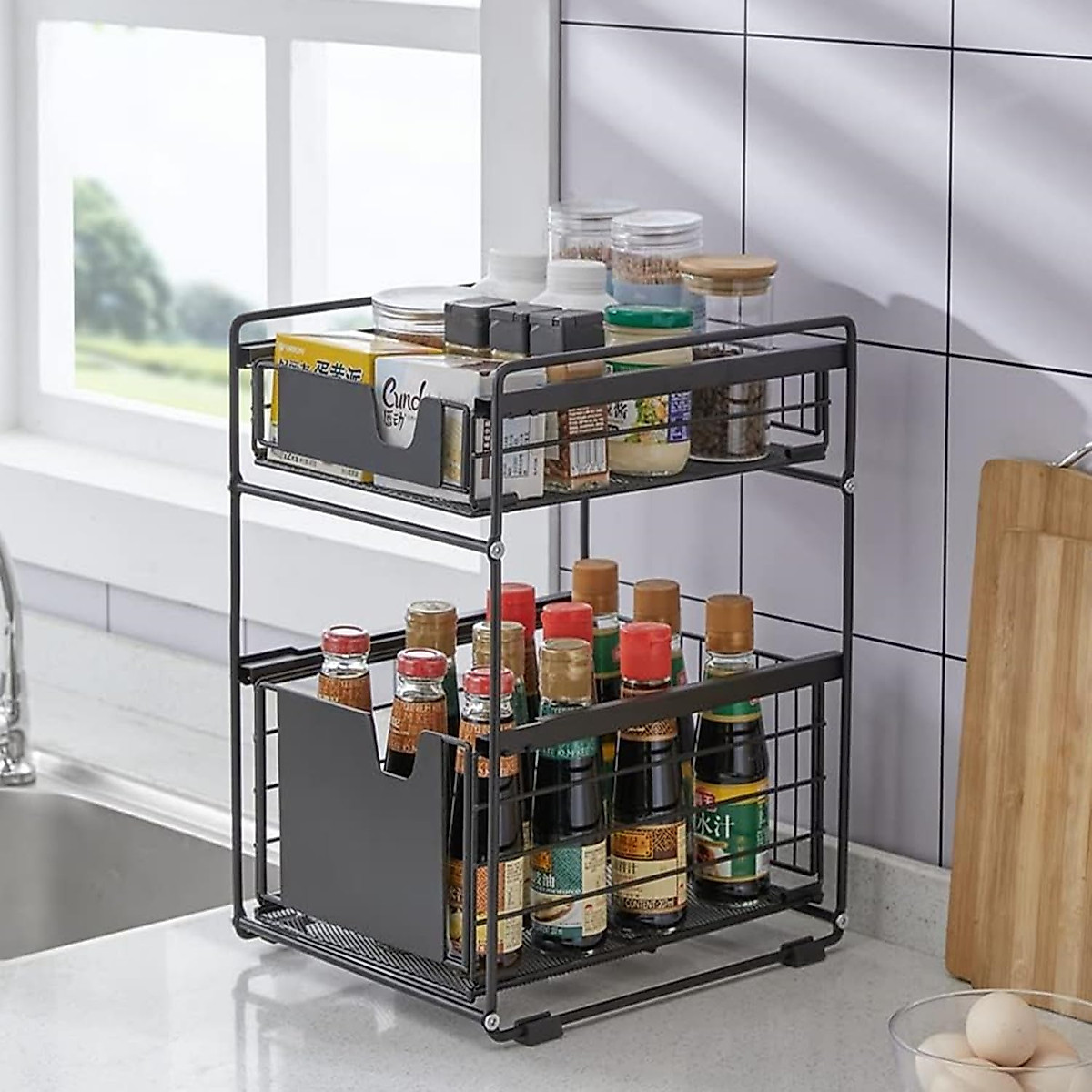 DCIGNA Stackable 2-Tie Under Sink Cabinets Organizer With Sliding Storage Drawer, Under Sink Organizer, Pull Out Cabinets Organizer Shelf, Sliding Basket Organizer Drawer For Kitchen, Bathroom, Office