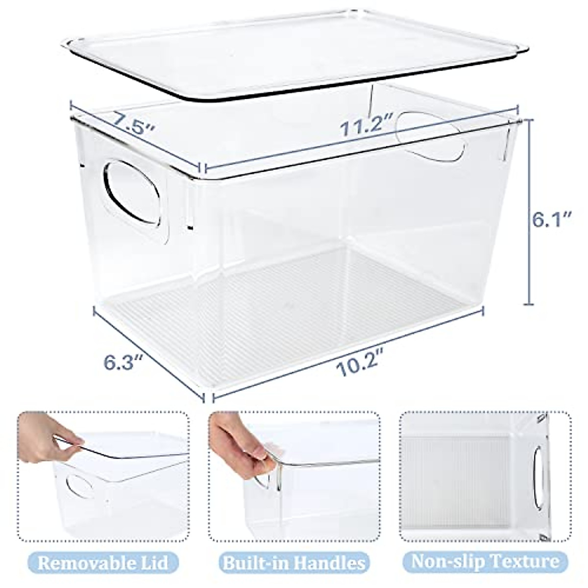 FORUP Plastic Clear Storage Bins with Lids, Kitchen Pantry Organization, Fridge Organizer, Stackable Food Storage Bin, 4 Pack