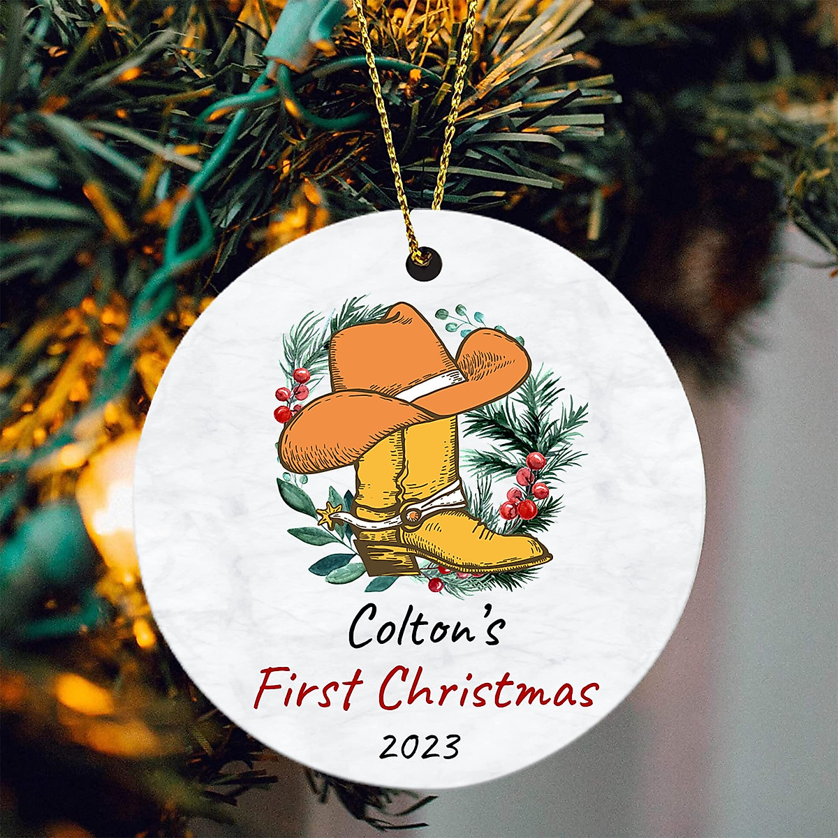 MeMate Personalized Babys First Christmas 2023 Ceramic Ornament, Western Baby's 1st Christmas Ornaments Keepsake, Cowboy Baby Name Ornaments, Christmas Decoration for Newborn