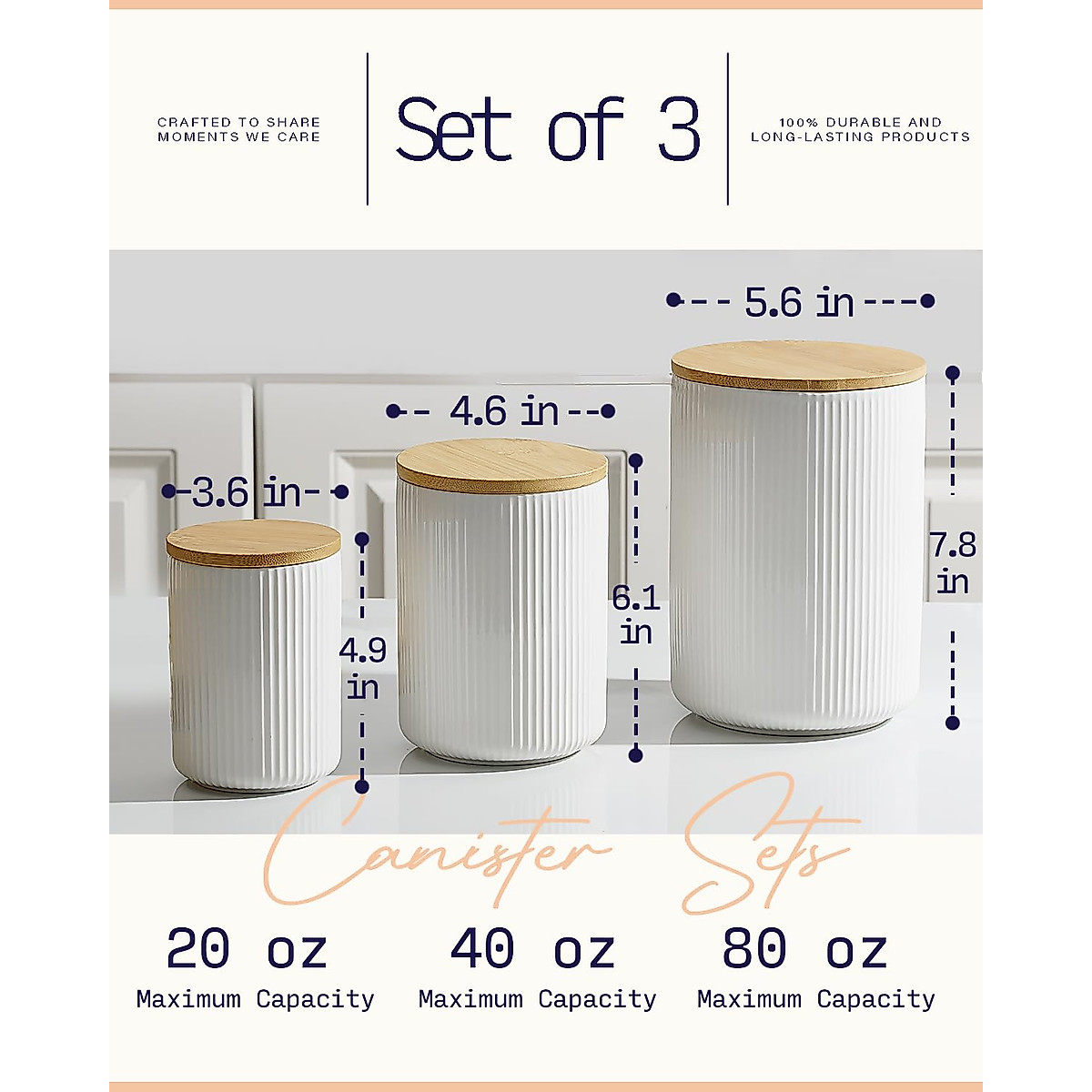 getstar Flour Sugar Storage Containers, Ceramic Canisters Sets for the Kitchen Countertop with Bamboo Airtight Lids, 80oz 40oz&20oz Coffee Tea Sugar Container Set of 3