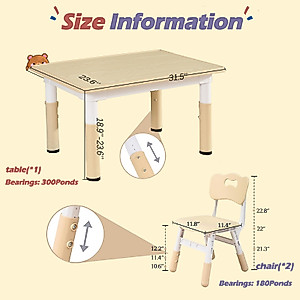 Ybaiwana Kids Table and 2 Chair Set, Toddler Table and Chair Set Height Adjustable, 31.5''L x 23.6''W Multifunctional Toddler Table for Reading, Drawing, Eating, for Girls & Boys Age 2-10, Burlywood