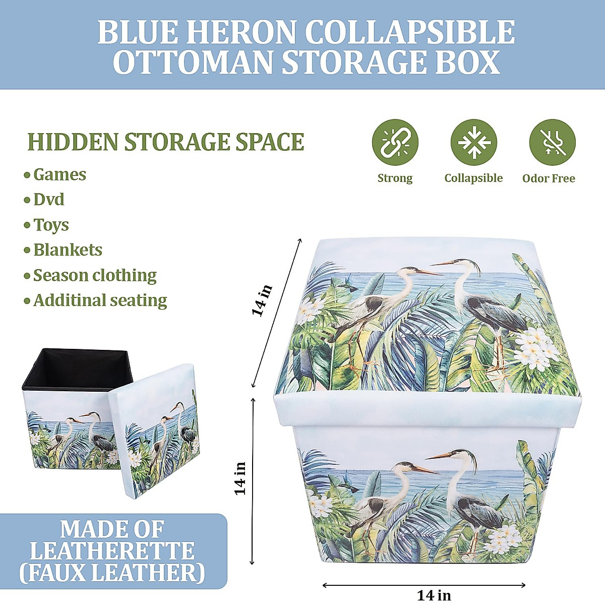 Corner Merchant Collapsible Ottoman Storage Box with Lid Decorative Coastal Decor (Blue Heron)