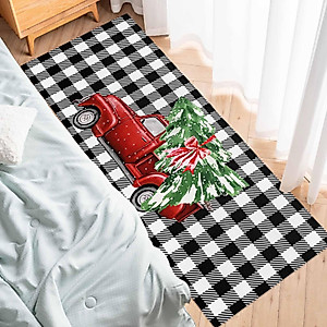 Christmas Kitchen Rugs and Mats 2 PCS Red Truck Xmas Tree Black White Buffalo Check Kitchen Mats for Floor, Farmhouse Non-Slip Rugs with Runner for Kitchen,Office,Sink,Laundry 15.7"x23.6"+15.7"x47.2"
