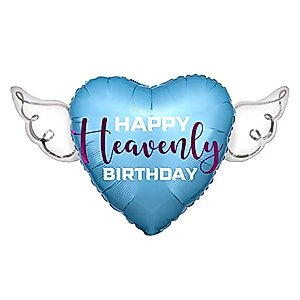 Happy Heavenly Birthday blue/purple heart shaped balloon with angel wings