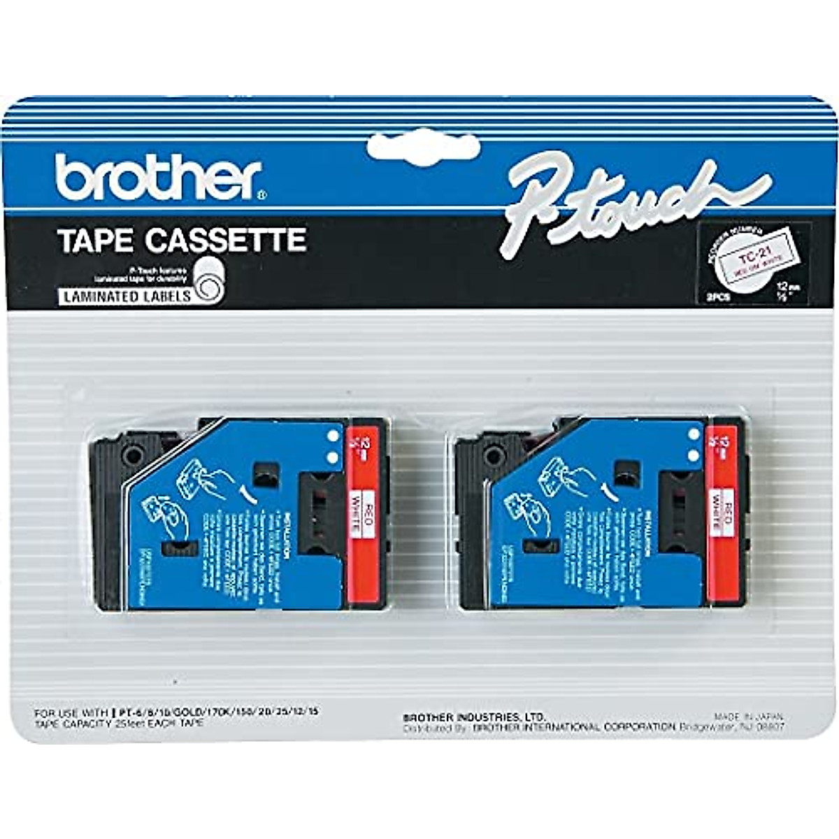 Brother Tc21 P-Touch Labeling Tape, 1/2-Inch W, Red Print On White Tape, 2/Pack