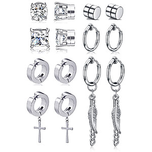 Ofeiyaa 7 Pairs Magnetic Stud Earring Stainless Steel CZ Clip On Earring Non- Piercing Huggie Chain Pendant Earring Feather Hinged Hoop Earrings Set For Women Men Silver Tone.
