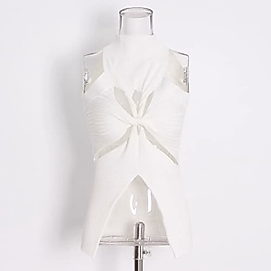 SAFRISIOR Women Sexy Hollow Out Twist Front Knitted Tank Tops Sleeveless High Neck Cut Out Sweater Vest White