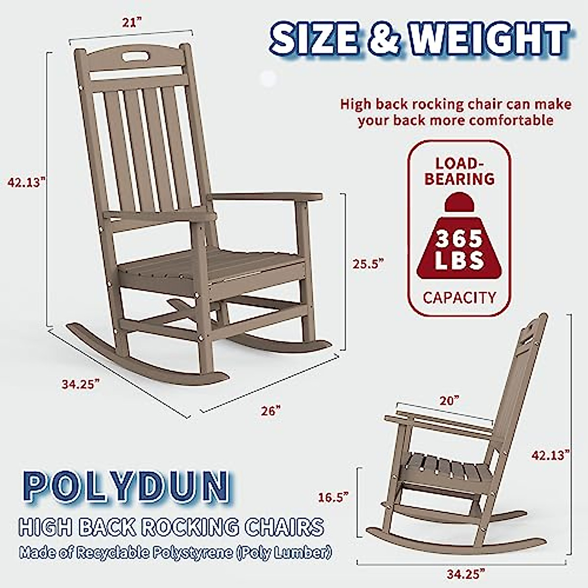 Outdoor Rocking Chairs, High Back Poly Lumber Patio Rocker Chair, 365Lbs Support Rocking Chairs, All-Weather Porch Rocking Chair for Lawn, Backyard, Indoor, Garden, Like Real Wood, Weathered Wood