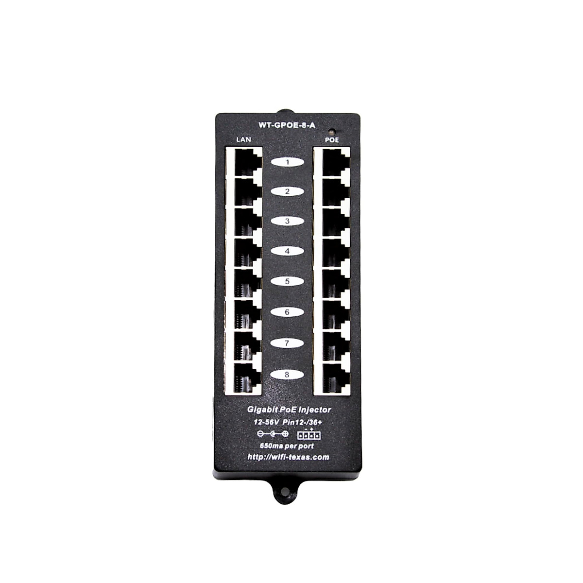 PoE Texas 8 Port PoE Injector - Gigabit Passive Power Over Ethernet Midspan - Front Wall Mount Solution for Security Cameras, IP Phones, WiFi APs - Add PoE to Non-PoE Switch (Without Power Supply)