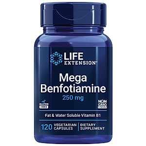 Life Extension Mega Benfotiamine, 250 mg, a fat-soluble form of thiamine, healthy metabolism, ultra-bioavailable vitamin B1, high potency, gluten-free, non-GMO, vegetarian, 120 capsules