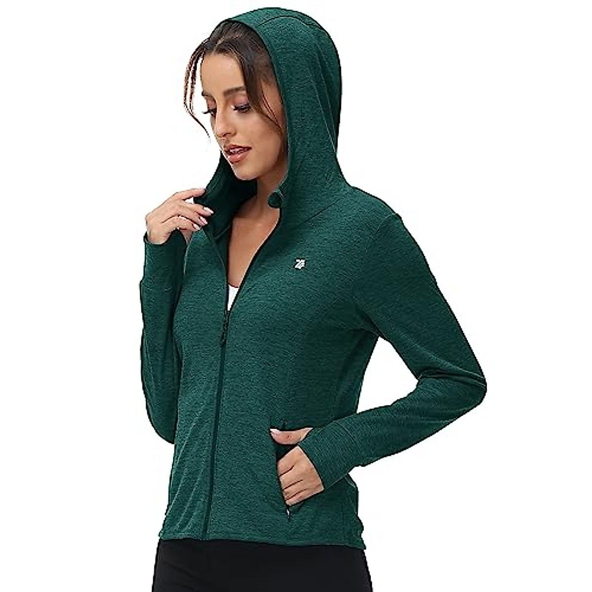 BASUDAM Women's Hiking Shirts Lightweight UPF 50+ Sun Protection Open Zippered Outdoor Hoodie Jackets Blackish Green S