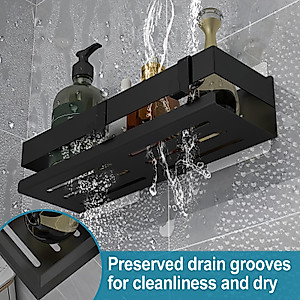 OJLUOJ Shower Caddy Storage 2 Pack Black Adhesive Stainless Steel Shower Shelves With 6 Holder Hooks Bath Organizers Bathroom Shower Rack