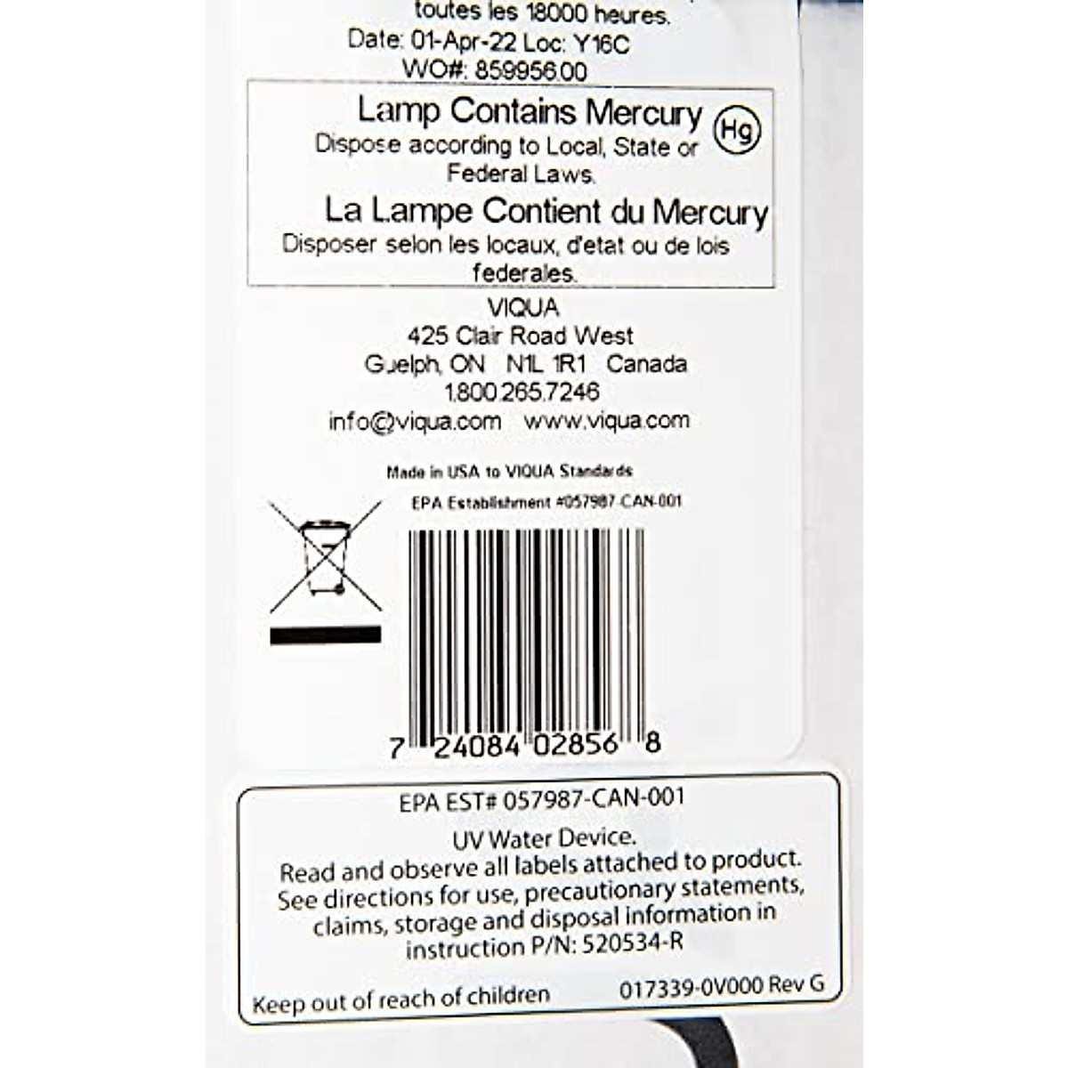 Viqua 602856 UV lamp PRO30, PRO50, J, K Water Treatment Systems