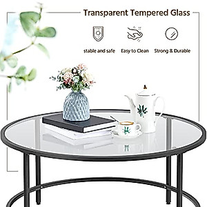 Yaheetech 36in Modern Coffee Table,Black Round Tempered Glass Coffee Tables w/Protective Foot Pads,Metal Structure & Reinforced Frame for Living Room,Dining Room,Apartment,Small Space