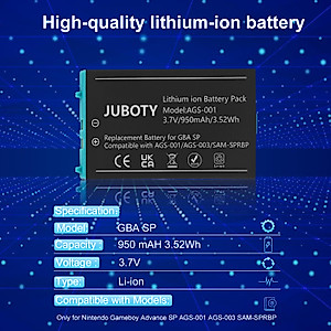 JUBOTY 950mAh 2023 New Upgrade GBA SP Battery Replacement for Nintendo Gameboy Advance SP Models AGS-001 AGS-003 SAM-SPRBP Game Console, Rechargeable Lithium-ion Battery with 1 Repair Tool