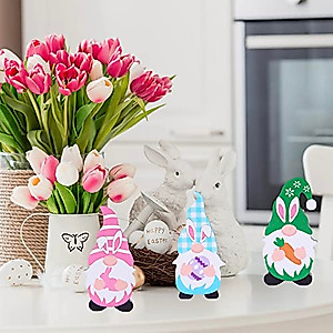 3 Pcs St Patrick's Day Table Wooden Gnome Sign, Reversible Easter Tiered Tray Decor, Self Standing Blocks Green Shamrock Horseshoe Rabbit Carrot Egg Sign for Home Party Decoration