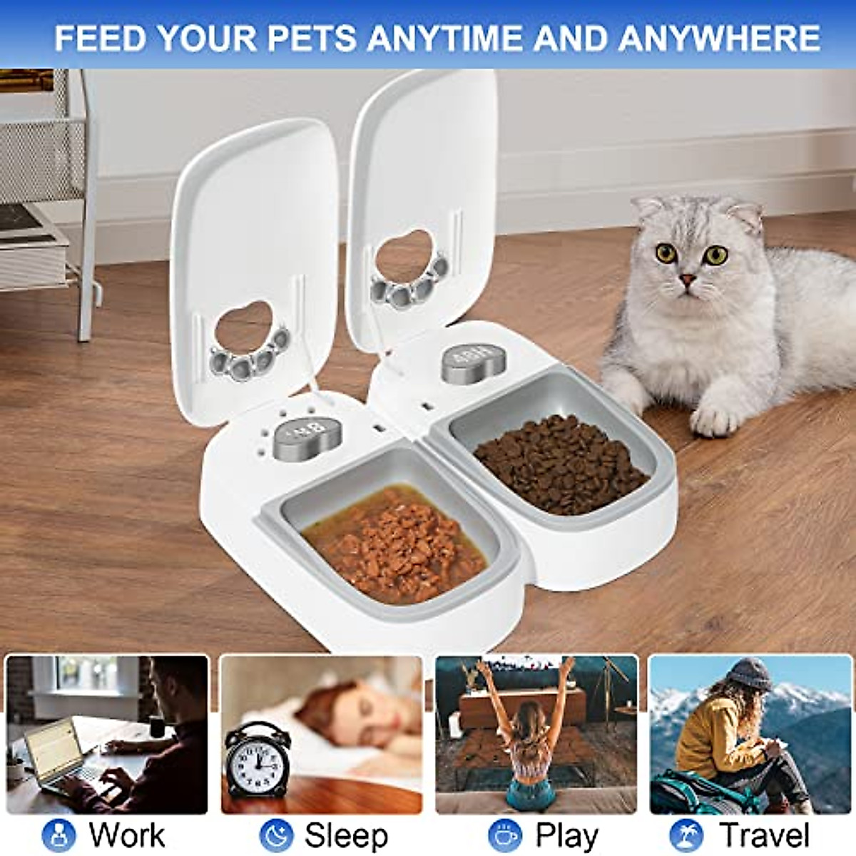 PeTnessGO Automatic 2 Meals Cat Feeder, Pet Feeder with Programmable Timer, LED Display, Power Saving Mode, Dishwasher-Safe Tray Feeds Wet or Dry Food, Dispenser for Cat and Dog, 48-Hour Timed