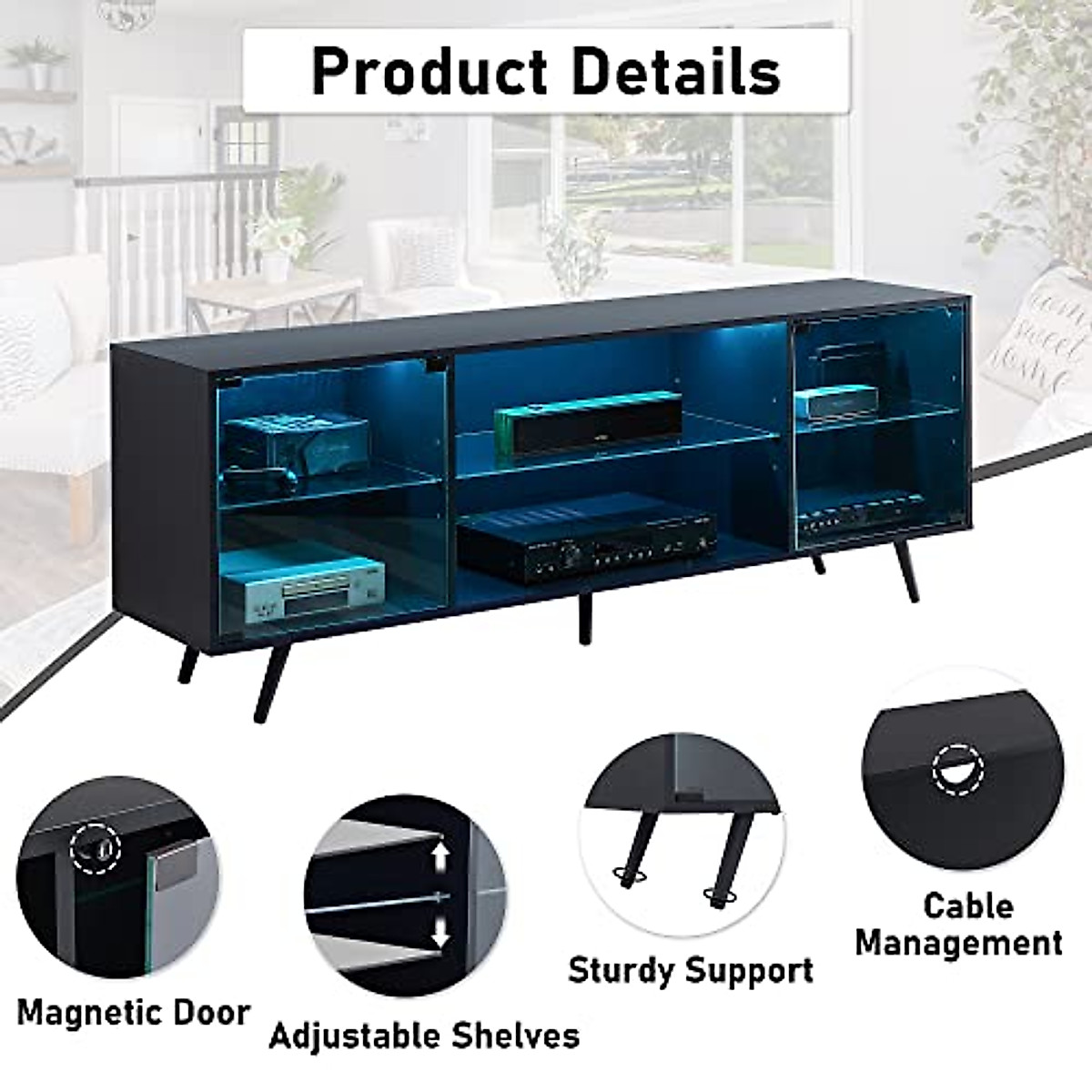 OKD Modern TV Stand for 75 Inch TV with LED Lights, Gaming Entertainment Center Media Console Television Stands with Magnetic Door & Adjustable Shelves for Living Room, Fits TVs up to 65+ Inch, Black