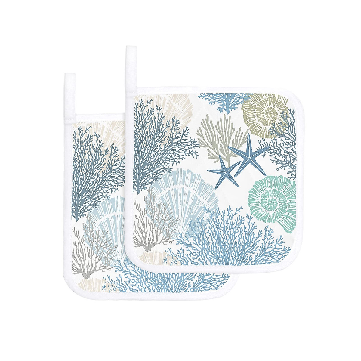 Blue Teal Coral Pot Holders for Kitchen Heat Insulation, Summer Beach Starfish Coastal Modern Geometric Potholders Hot Pads with Hanging Loop, Washable Oven Mitts Pot Holder Trivet for Cooking 2 Pack