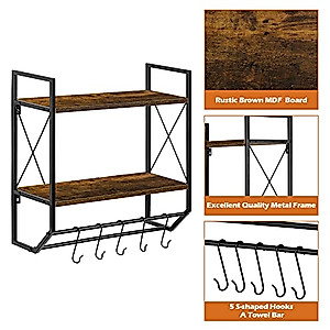Bathroom Wall Shelf Wall Mounted Industrial 2 Tier Wood Bathroom Towel Rack with Towel Bar, 5 Metal Hooks Rustic Wall Hanging Toilet Storage Shelf for Kitchen, Bathroom, Brown