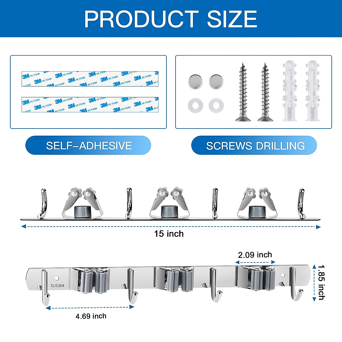 EYEDESL 2 Pack Mop Broom Holder Wall Mount, Stainless Steel Self Adhesive Heavy Duty Broom Organizer Storage Tool for Home Kitchen Laundry Garden Garage (3 Racks with 4 Hooks)