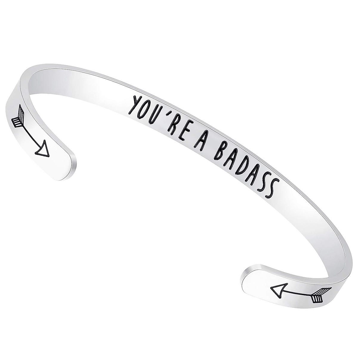 Fesciory Inspirational Bracelets for Women,Stainless Steel Engraved Personalized Positive Mantra Quote Keep Going Cuff Bangle College Graduation Encouragement Gifts for Her (YOU'RE A BADASS)