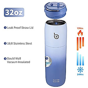 BOTTLE BOTTLE Stainless Steel Water Bottle with Straw and Lid, 32oz Vacuum Insulated Water Bottle Flask, Stay Cold for 24 Hrs, Hot for 12 Hrs, Leak-Proof Wide Mouth Sports water bottle, blue