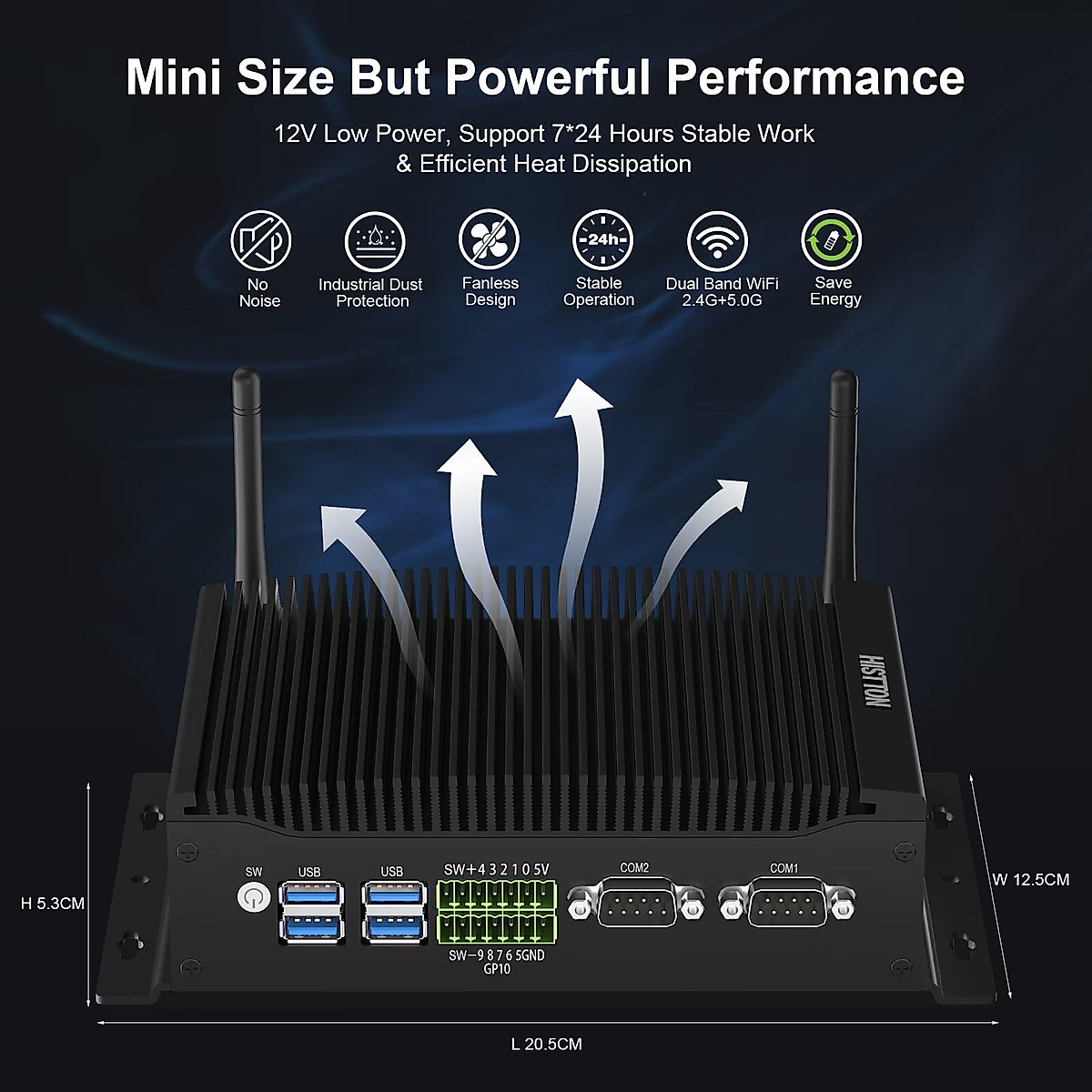 HISTTON Fanless Industrial Mini PC Core i7-10810U, 16GB RAM 128GB M2. SSD, 2 RS232/485 COM, Dual HD+DP 4K Triple Display, 2 LAN, 6 USB, GPIO, Wifi, BT 4.2, Mini PC Windows 11 Pro, support Linux/Ubuntu