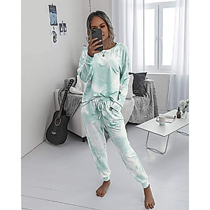 PRETTYGARDEN Women's Tie Dye Two Piece Pajamas Set Casual Long Sleeve Sweatshirt with Long Pants Loungewear (Green,X-Large)