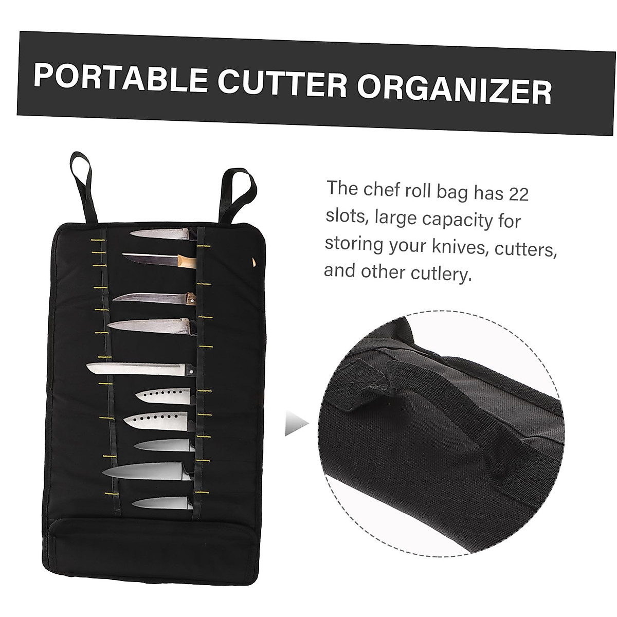 Chef Knife Roll Bag for Chefs, 22 Slots Portable Chef Knife Case Storage Roll Bag with Carry Handle (Black)