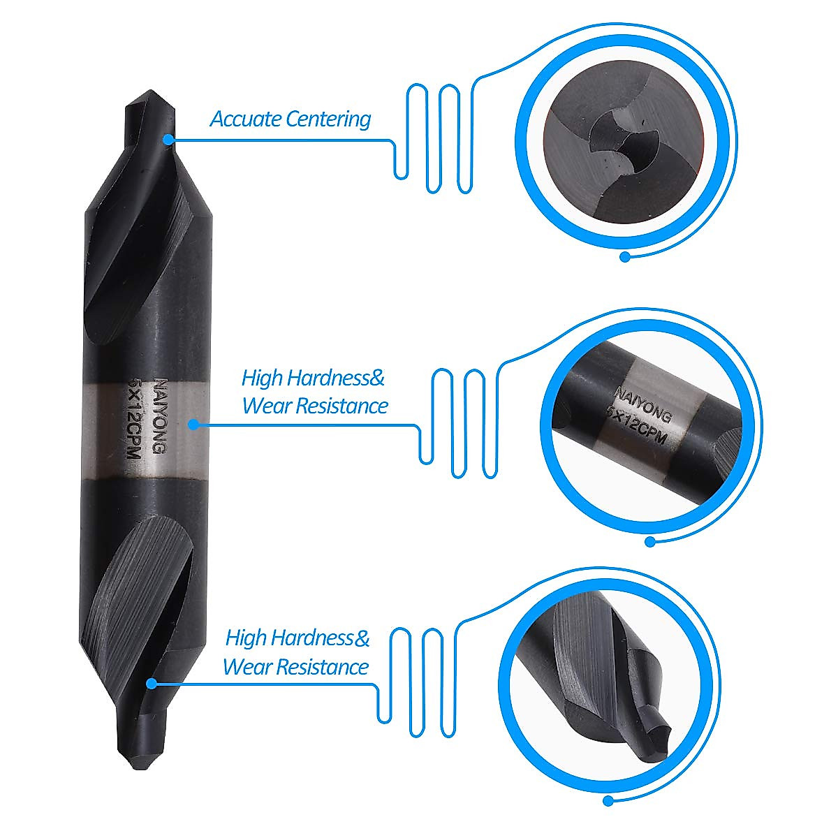 Naiyong Tools 5 Lathe Mill Center Drill Countersink Bit Tooling Set, M35 HSS 5% Cobalit Contained, Titanium Plated (CPM)