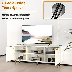 Furniwood TV Stand for 65+ Inch TV, Mid Century Modern TV Stand for Bedroom, TV Entertainment Center with Storage Cabinets, TV Consoles for Living Room, White