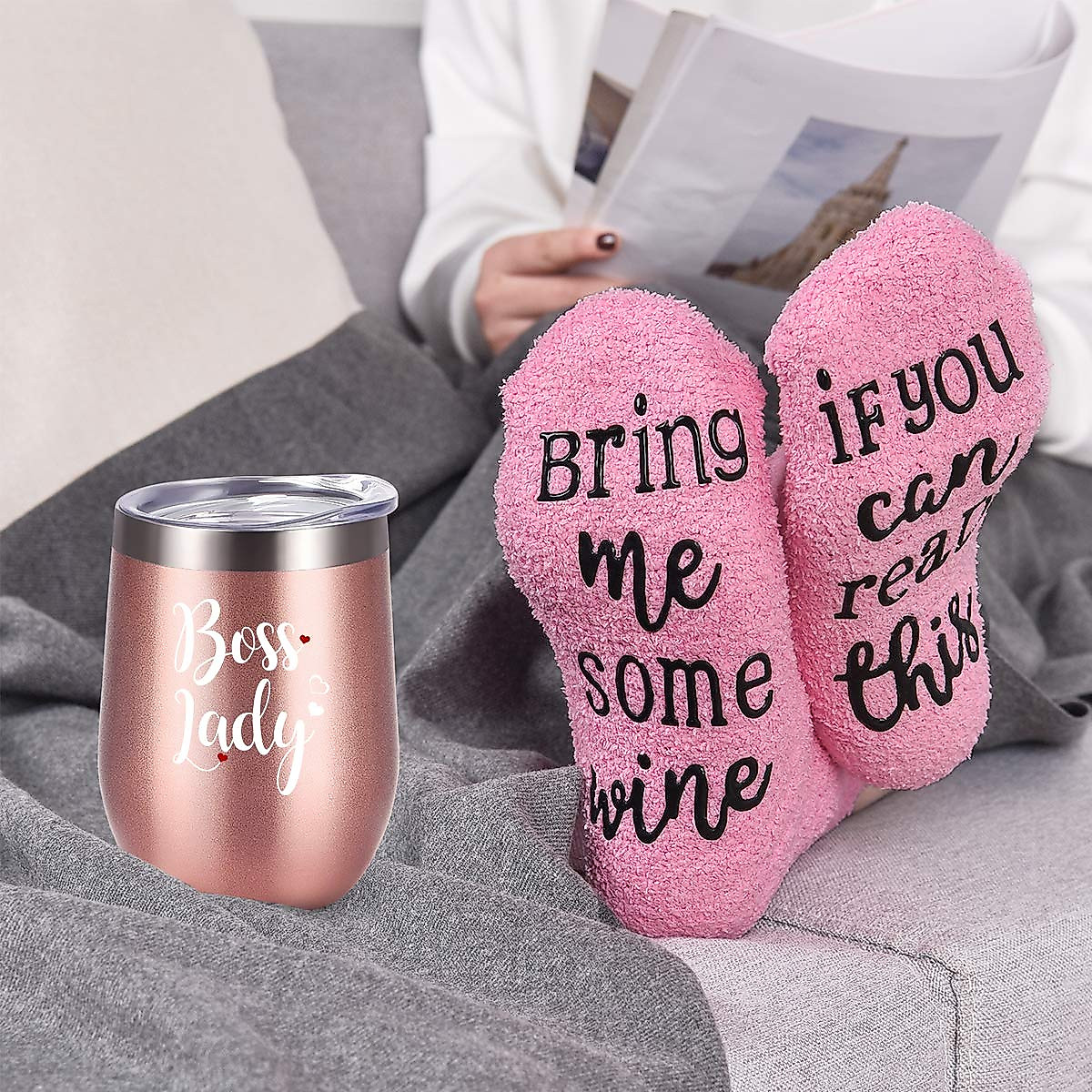 Boss Lady Wine Tumbler Cupcake Wine Socks Set, Bosses Day Christmas Gifts for Women Boss Female Friends Mom, 12 Oz Insulated Stainless Steel WineTumbler with Lid, Socks, Opener, Stopper, Rose Gold