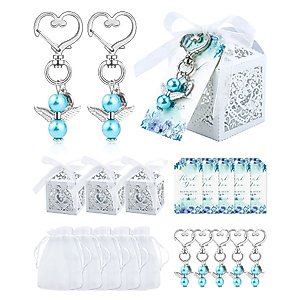 YETOOME 100 Pcs Baby Shower Favors for Boys, Angel Keychains Favor Baptism Favor Boxes White Organza Bags with Drawstring Thank You Tags for Baby Shower Baptism Party Gift, 25 Sets (Blue)