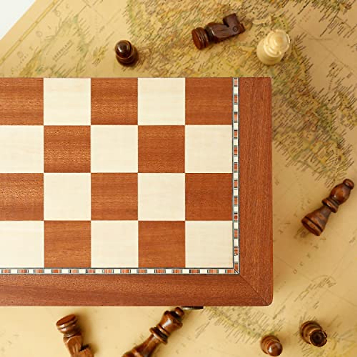 QueenSide 12" Magnetic Wooden Chess Set with Folding Chess Board & Staunton Chess Pieces 2 Extra Queens, Portable (30x30cm)