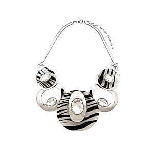 Fashion 21 Women's Celluloid Acetate Oval Disc Glass Stone Metal Link Statement 17 inches Plus Extension Link Necklace (Silver + Zebra Print Tone)