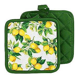 Oven Mitts - Pot Holders - Lemon Decor for The Kitchen - Potholder Oven Mitt Set (4 Piece) Lemons Design Includes 2 Potholders 2 Oven Mitts - Linen Citris Set - Kitchen Decor