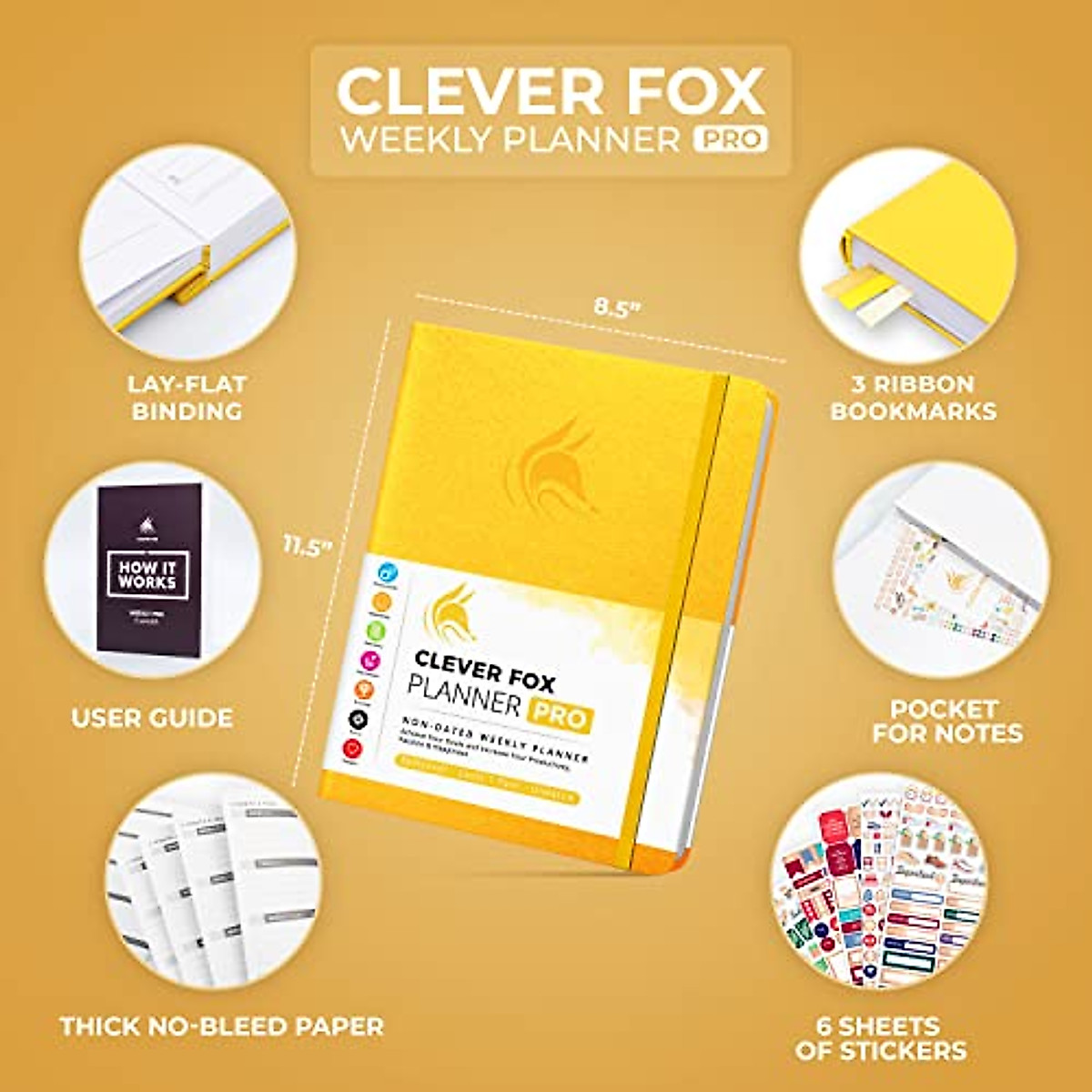 Clever Fox Planner PRO – Weekly & Monthly Life Planner to Increase Productivity, Time Management and Hit Your Goals – Organizer, Gratitude Journal – Undated, 1 Year – Softcover, 8.5x11″ (Amber Yellow)