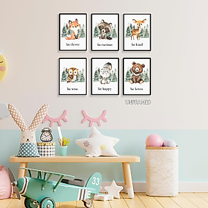gooptyinh Woodland Nursery Animal Canvas Wall Art, 6 Piece Inspirational Forest Animals Print Posters, Motivational Quotes Cute Bear Fox Rabbit Deer Raccoon Owl Decor for Baby Bedroom 8x10in Unframed