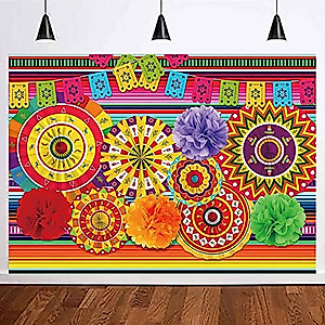 MAQTT Mexican Fiesta Backdrop for Party Decoration Coloful Horizontal Stripes Flags and Fiesta Paper Fans Photography Background for Weding or Baby Shower Supplies 7x5ft